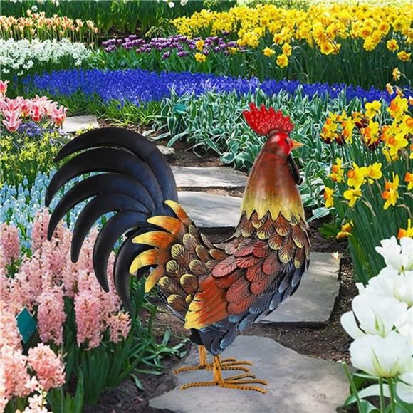 Accents | Rooster Decor Garden Statue Metal Chicken Yard Art Outdoor ...